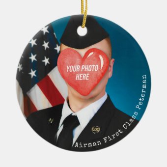 Military Christmas Gift Airman Photo Soldier Name Ceramic Ornament | Zazzle