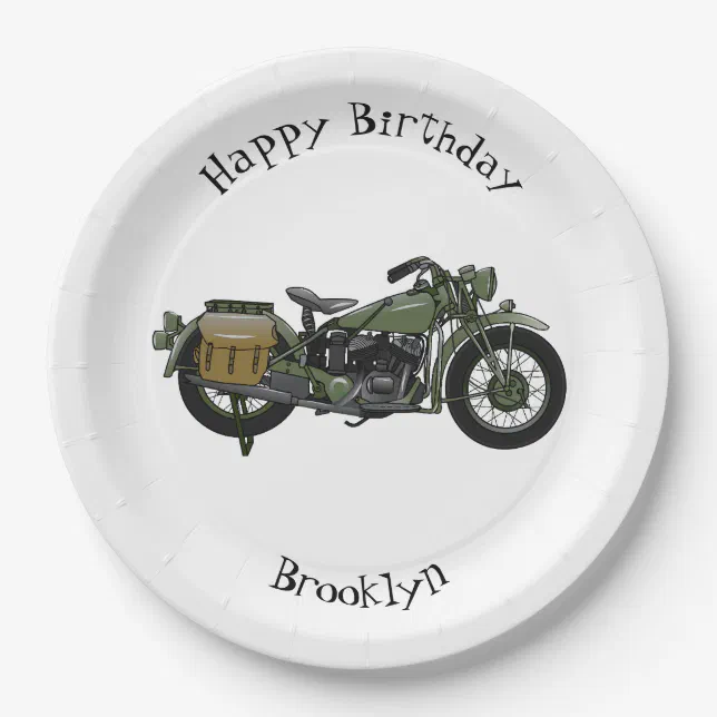 Military cruiser motorcycle cartoon illustration paper plates | Zazzle