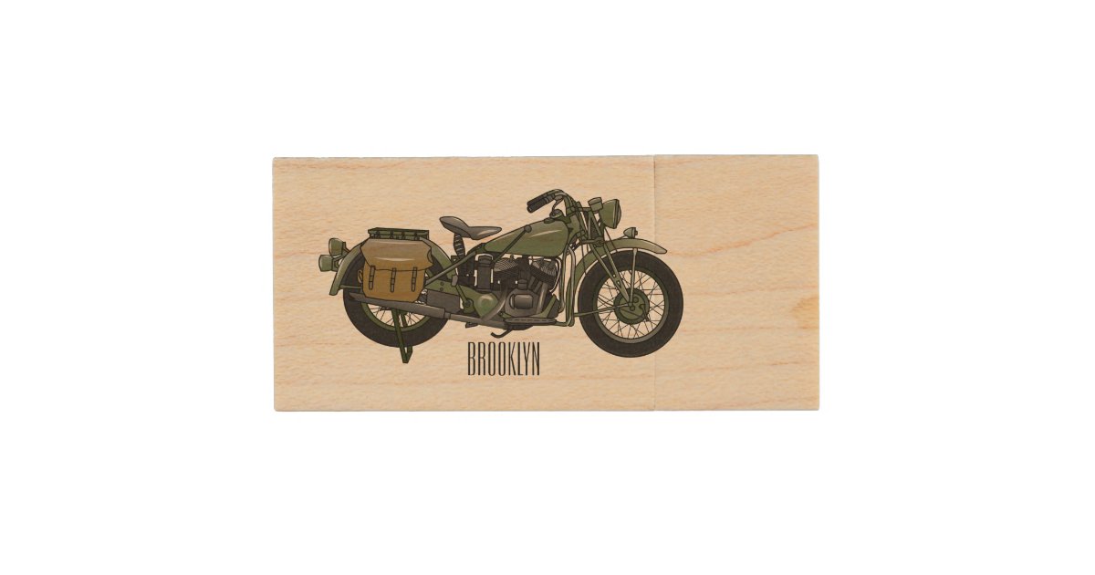 Military cruiser motorcycle cartoon illustration wood flash drive | Zazzle