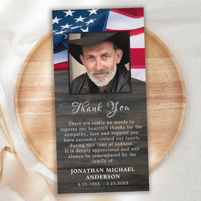 Military Funeral Veteran Photo Memorial Sympathy Thank You Card | Zazzle