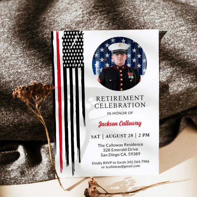 Military Marine Retirement Party, Red Line Flag Invitation | Zazzle