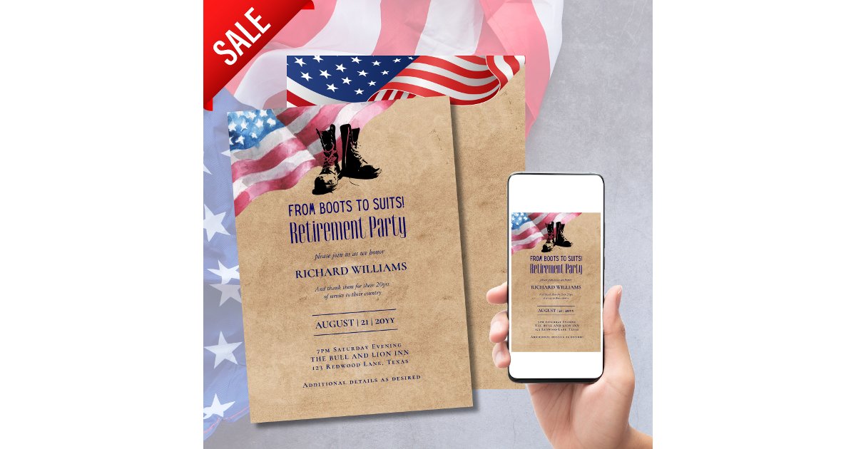 MILITARY RETIREMENT From Boots to Suits! Us Flag Invitation | Zazzle