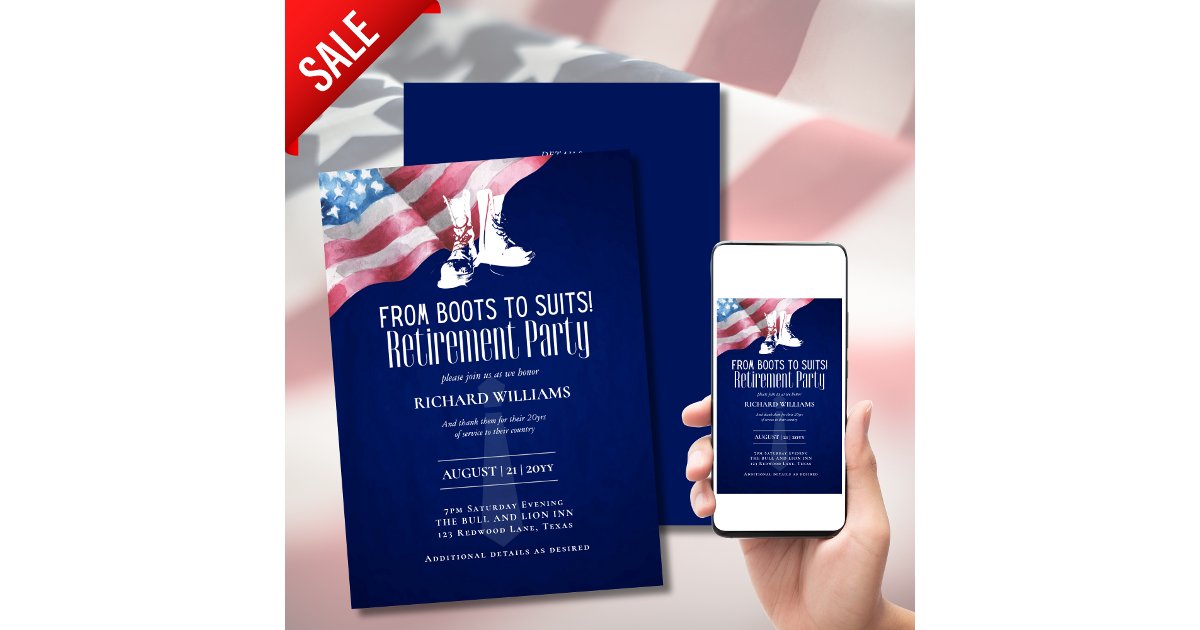 MILITARY RETIREMENT From Boots to Suits US Flag Invitation | Zazzle