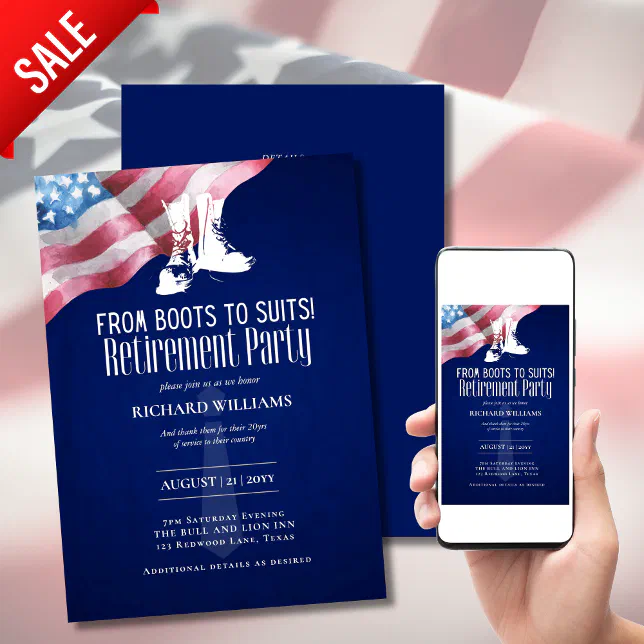 MILITARY RETIREMENT From Boots to Suits US Flag Invitation | Zazzle