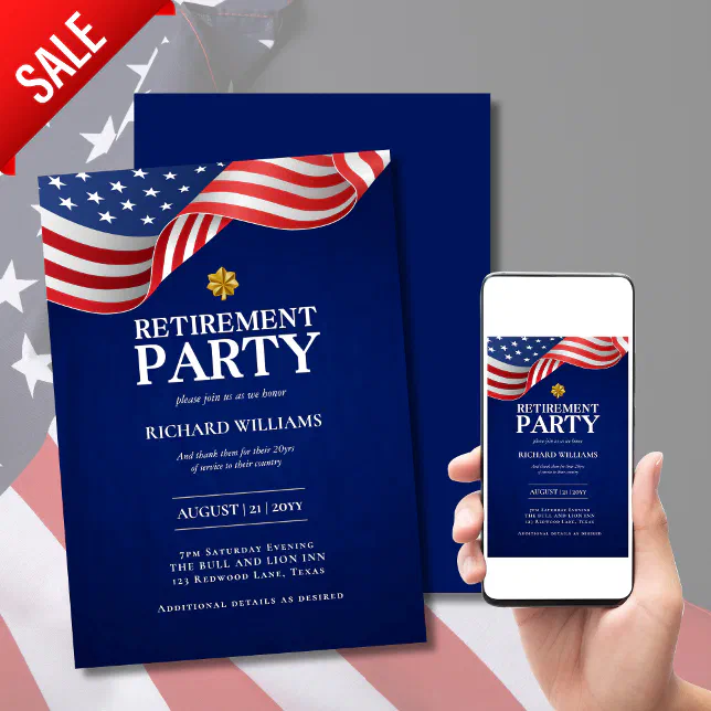 MILITARY RETIREMENT Gold Oak Leaf Colonel US Flag Invitation | Zazzle