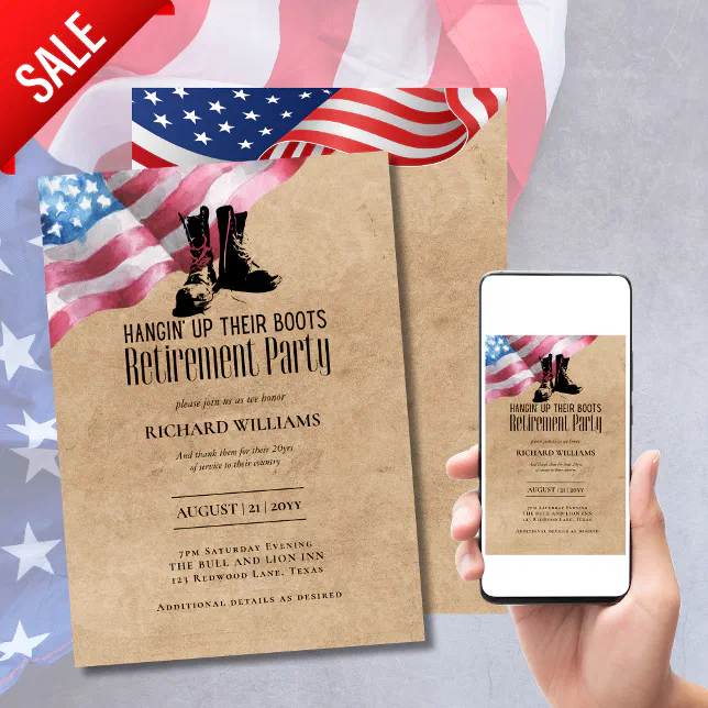 MILITARY RETIREMENT Hanging Up Boots US Flag Invitation | Zazzle