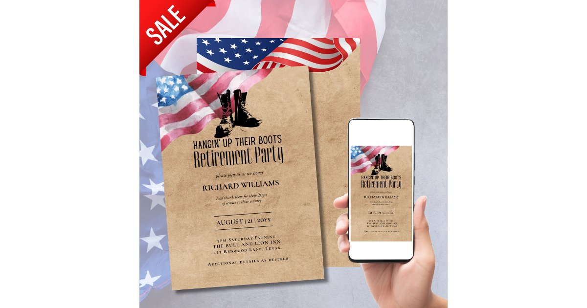 MILITARY RETIREMENT Hanging Up Boots US Flag Invitation | Zazzle
