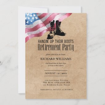 MILITARY RETIREMENT Hanging Up Boots US Flag Invitation | Zazzle