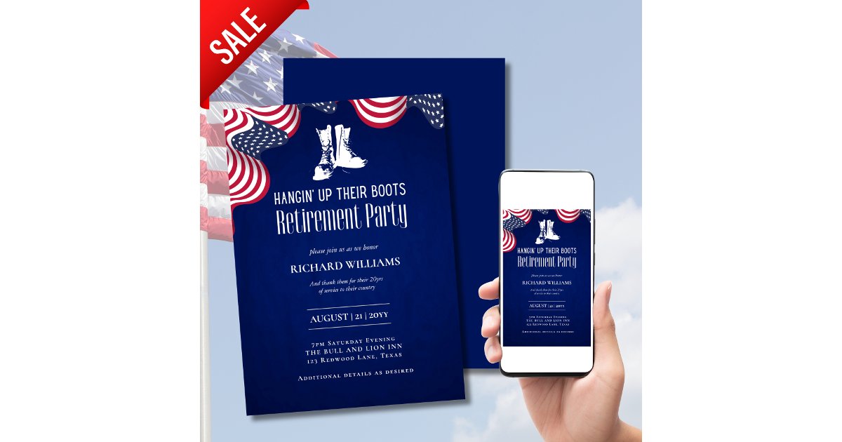 MILITARY RETIREMENT Hanging Up Their Boots US FLAG Invitation | Zazzle