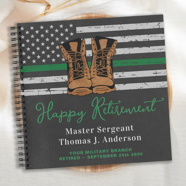 Military Retirement Leather Thin Green Line Guest Notebook | Zazzle