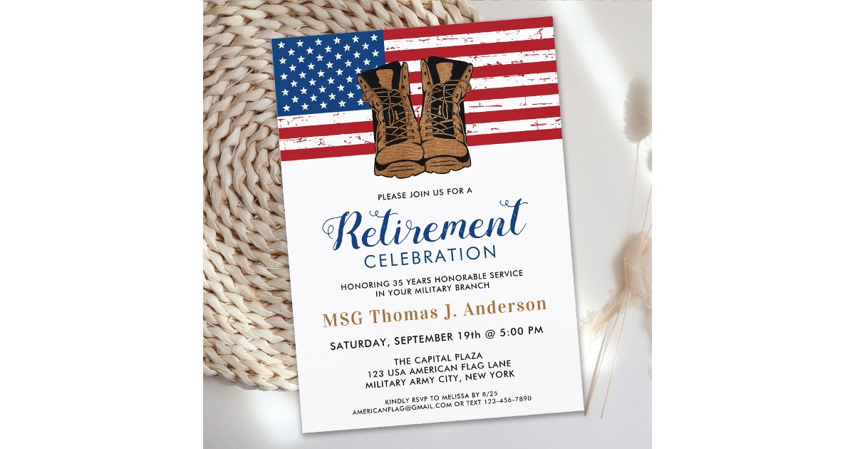 Military Retirement Party Army Boots American Flag Invitation | Zazzle