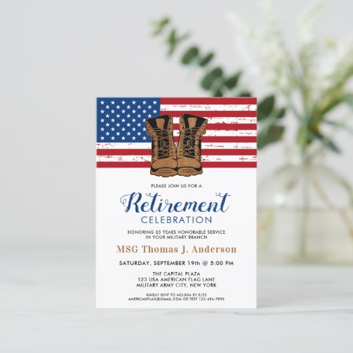 Military Retirement Party Army Boots American Flag Invitation Postcard ...