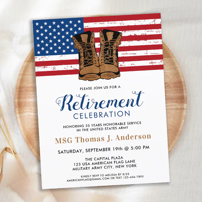 Military Retirement Party Army Boots American Flag Postcard | Zazzle