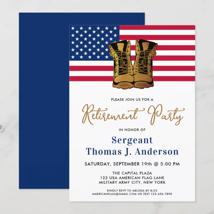 Military Retirement Party Gold Boots American Flag Invitation | Zazzle