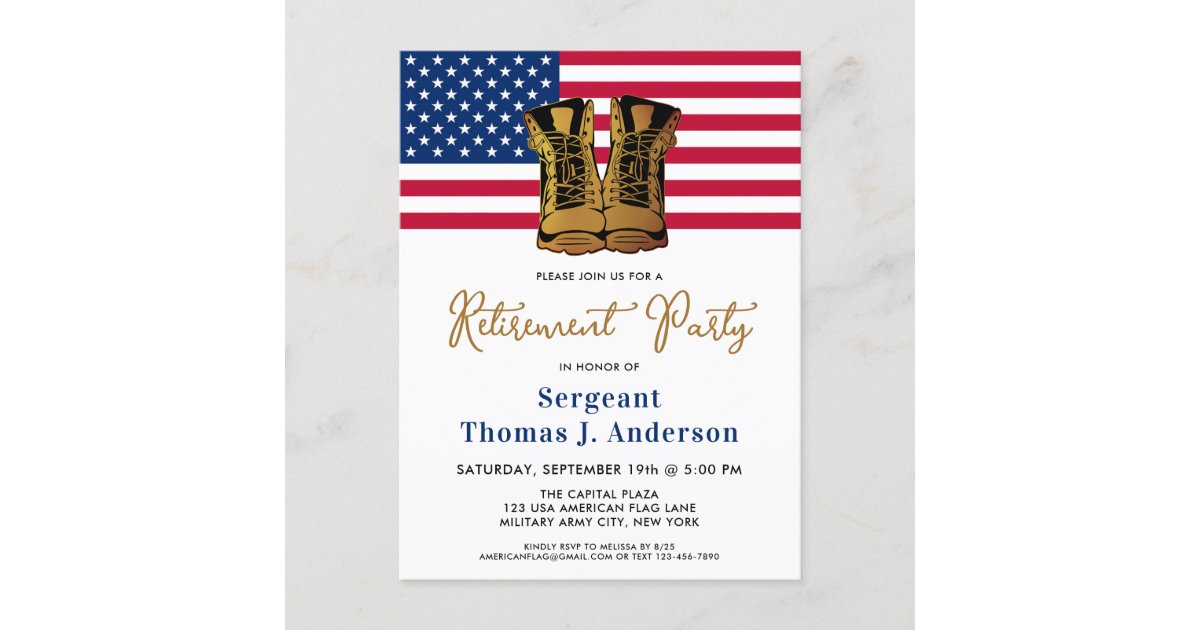 Military Retirement Party Gold Boots American Flag Invitation Postcard ...