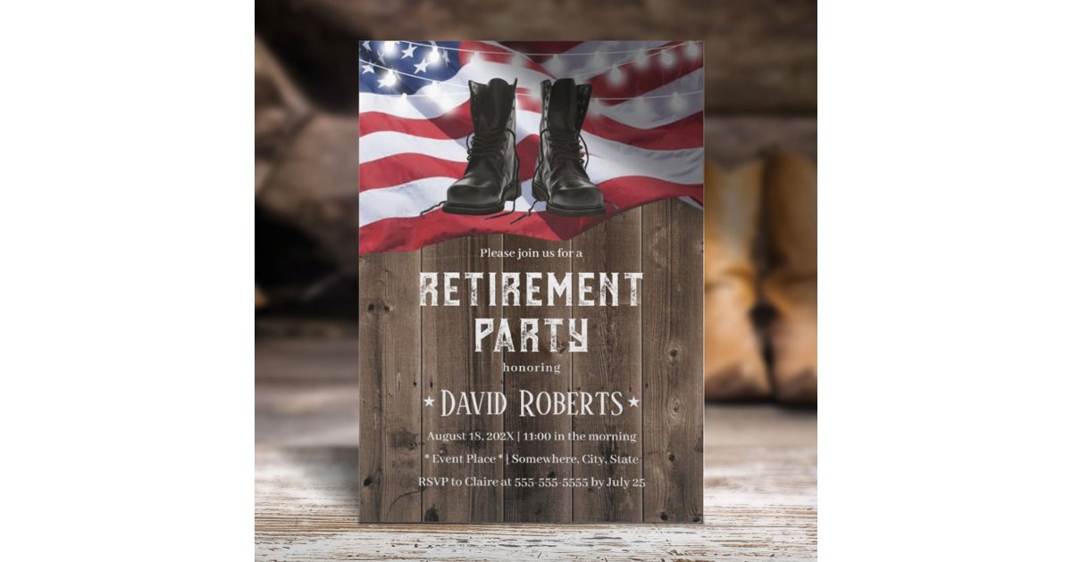 Military Retirement Party Rustic Wood USA Flag Invitation | Zazzle