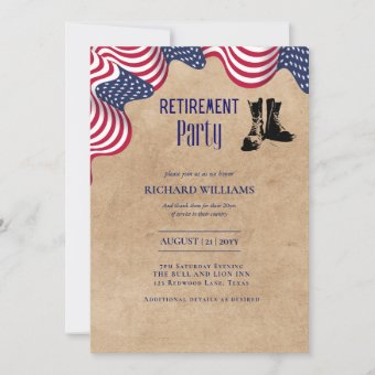 MILITARY RETIREMENT Patriotic US FLAG Rustic Theme Invitation | Zazzle