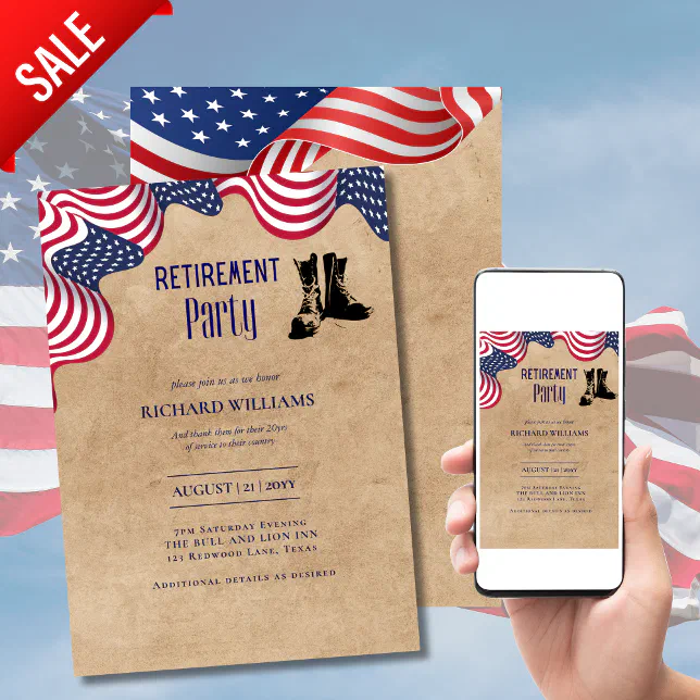 MILITARY RETIREMENT Patriotic US FLAG Rustic Theme Invitation | Zazzle