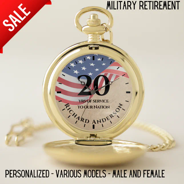 Military Retirement Us Flag Army Navy Airforce Gld Pocket Watch | Zazzle