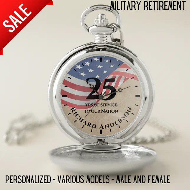Military Retirement Us Flag Army Navy Airforce Slv Pocket Watch | Zazzle