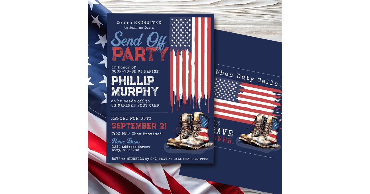 Military Send Off US Flag Boots Party Going Away Invitation | Zazzle