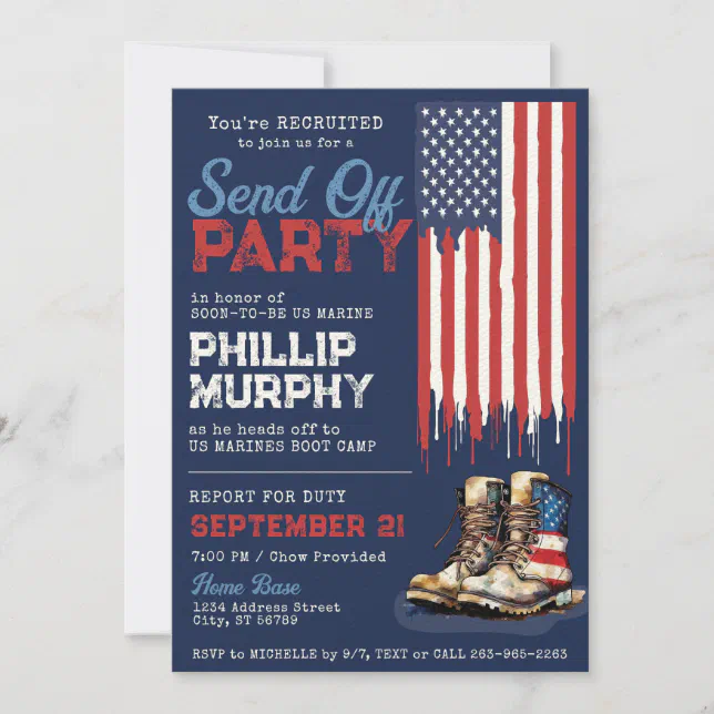 Military Send Off US Flag Boots Party Going Away Invitation | Zazzle