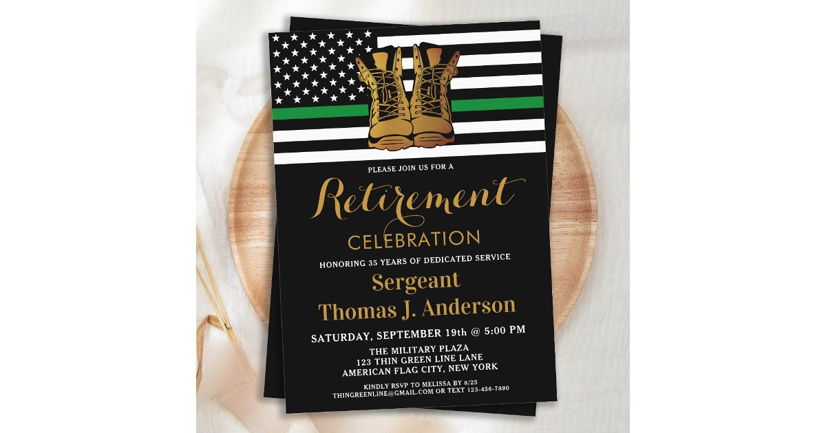 Military Thin Green Line Boots Retirement Party Invitation | Zazzle