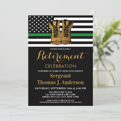 Military Thin Green Line Boots Retirement Party Invitation | Zazzle