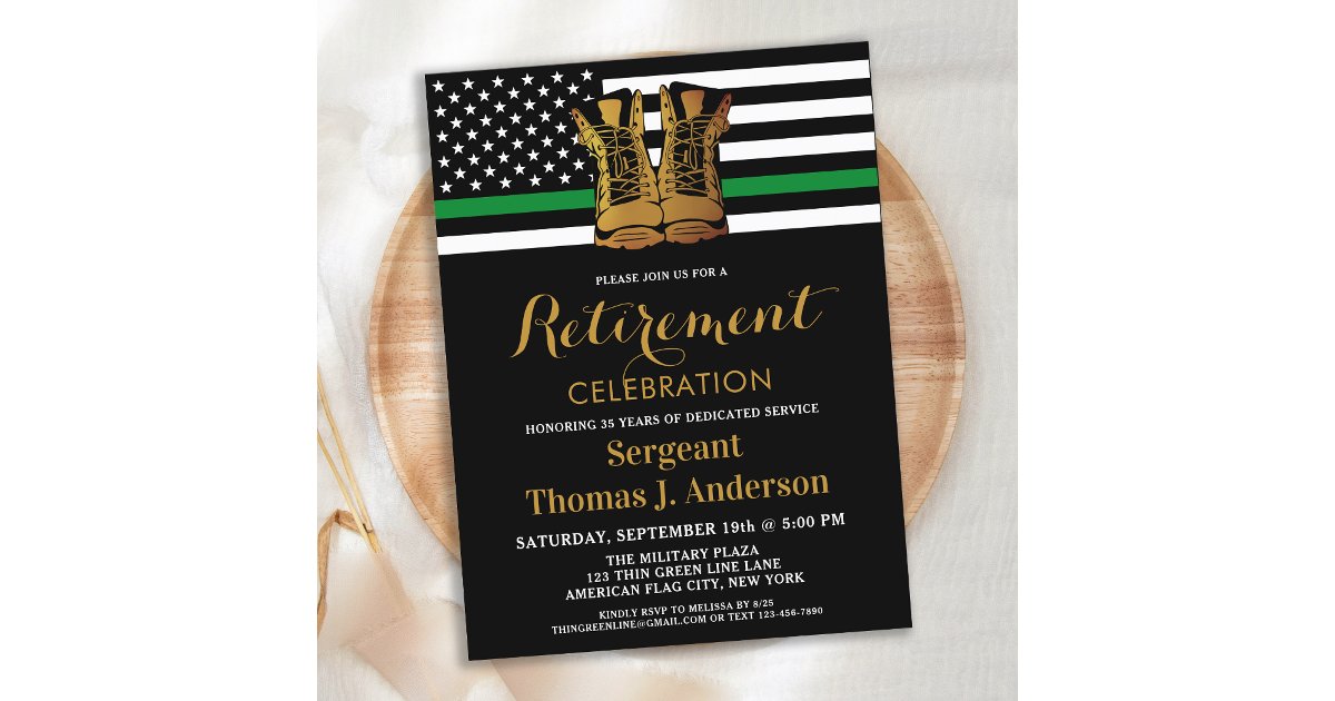 Military Thin Green Line Boots Retirement Party Invitation Postcard ...