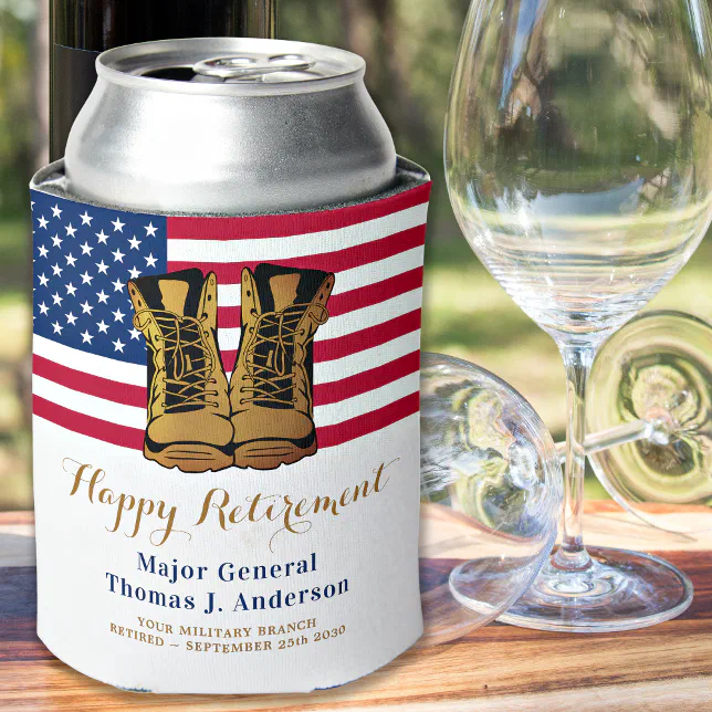 Military USA American Flag Boots Retirement Party Can Cooler | Zazzle