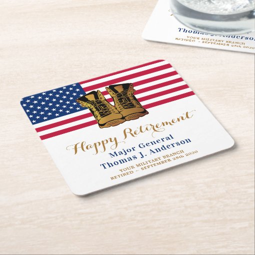 Military USA American Flag Boots Retirement Party Square Paper Coaster ...