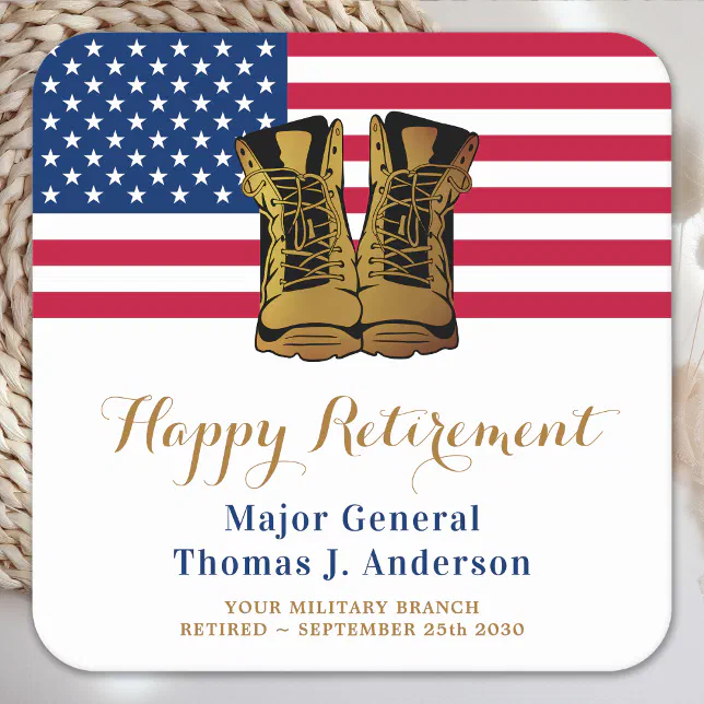 Military USA American Flag Boots Retirement Party Square Paper Coaster ...