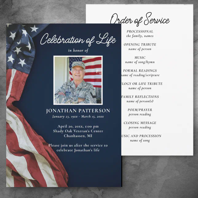 Military, USA Flag, Photo Funeral Program | Zazzle