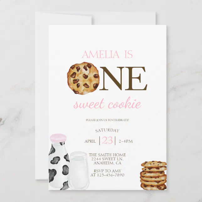 Milk and Cookies First Pink Birthday party Invitation | Zazzle
