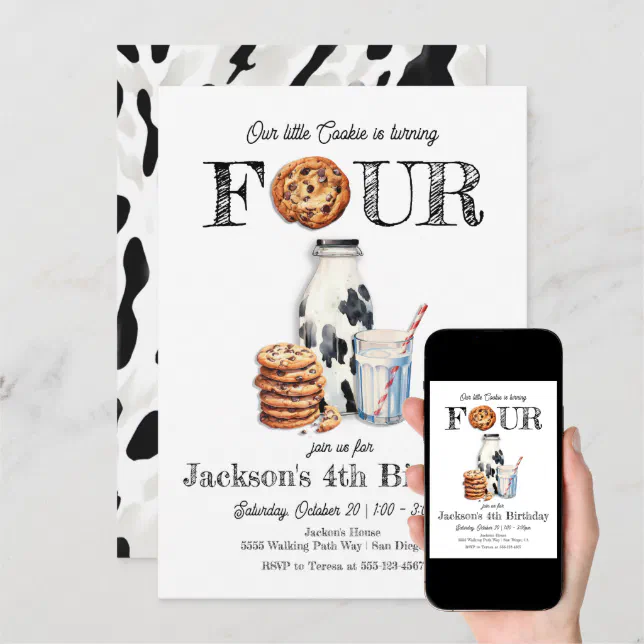 Milk and Cookies Turning four Birthday Party Invitation | Zazzle