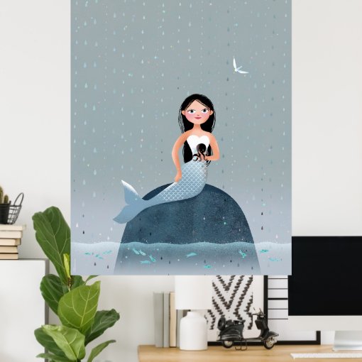 Milla Mermaid sitting in rain kid's illustration Poster | Zazzle