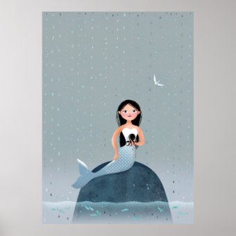 Milla Mermaid sitting in rain kid's illustration Poster | Zazzle