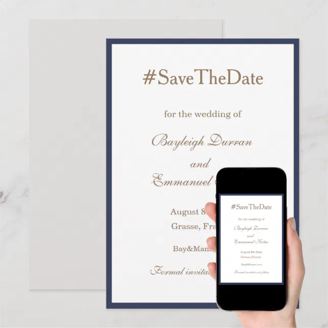 Millennial Hashtag Navy Blue White Save The Date Invitation | Zazzle