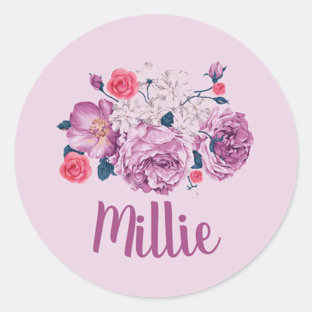Millie Name Floral Custom Vintage Flower Rose Classic Round Sticker ...