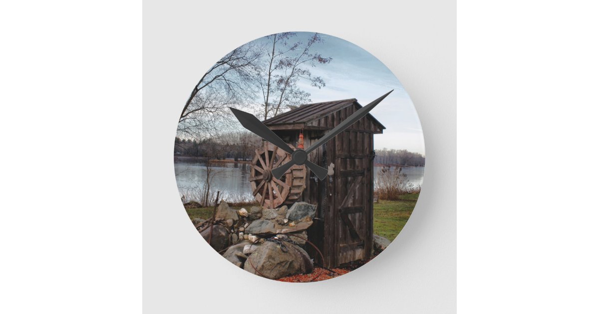 Milling about the old outhouse round clock | Zazzle