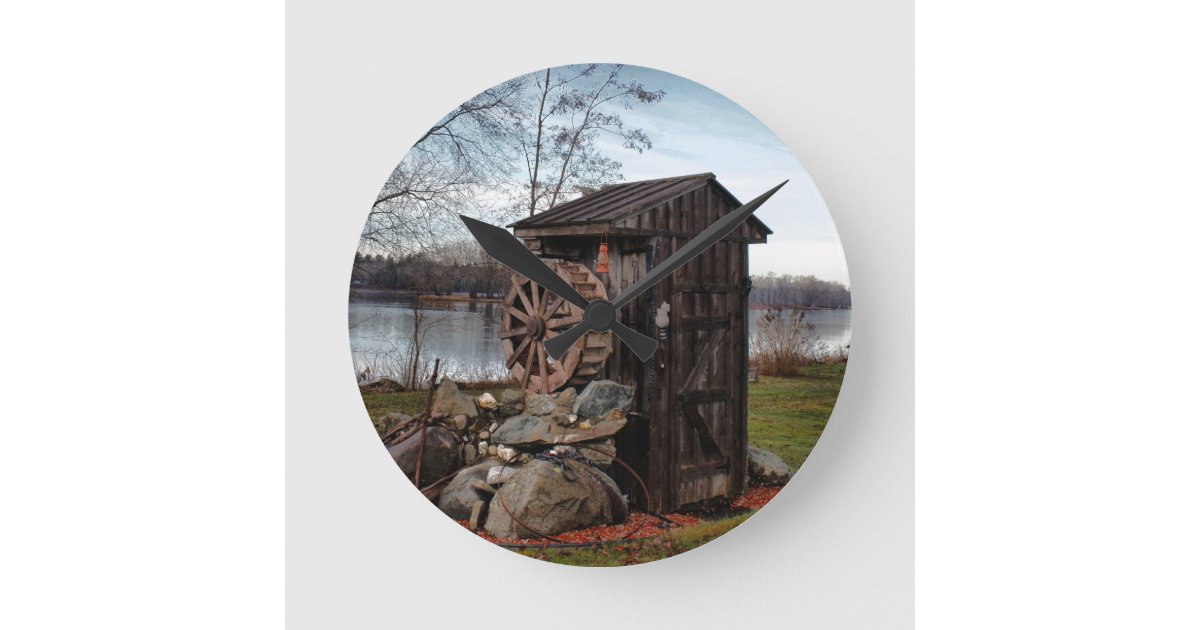 Milling about the outhouse round clock | Zazzle