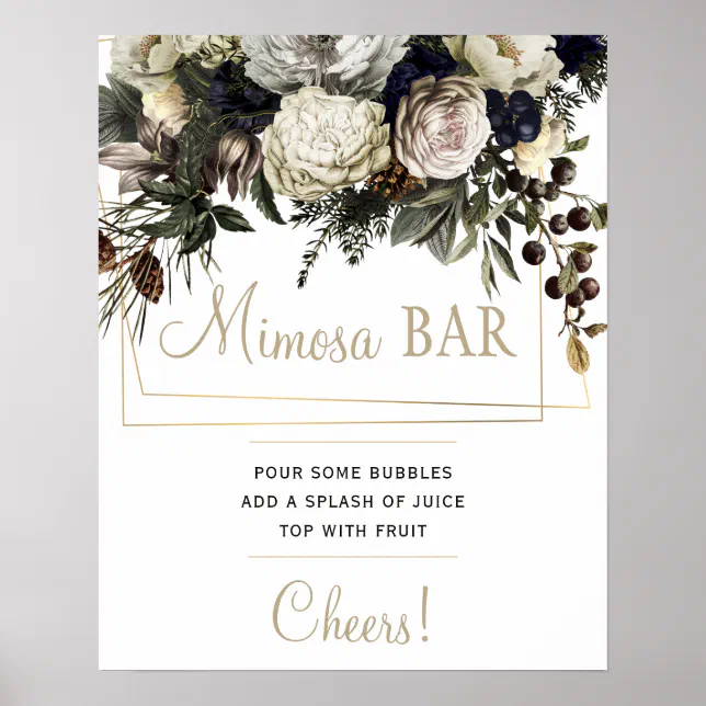 Mimosa bar bridal shower winter floral party sign | Zazzle