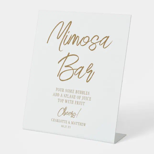 Mimosa Bar Cheers Modern Handwritten Gold Script Pedestal Sign | Zazzle