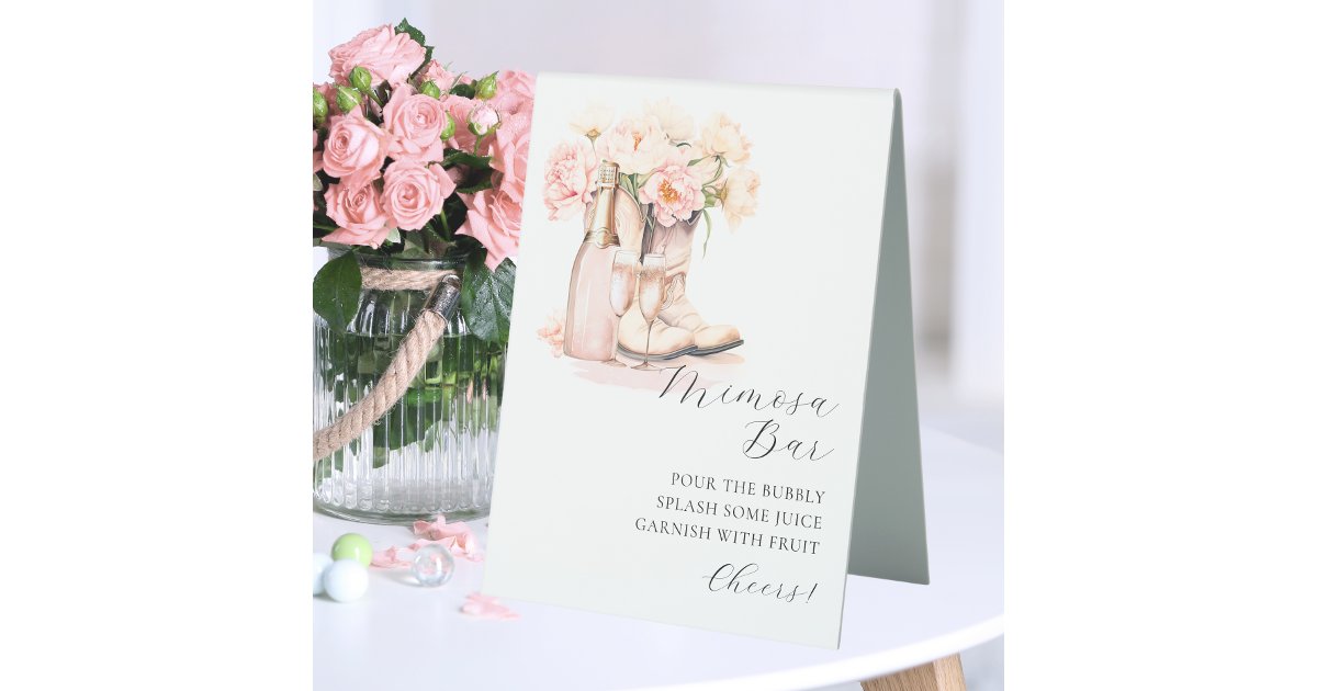 MIMOSA BAR Cowgirl Boots Champagne Bridal Shower Table Tent | Zazzle