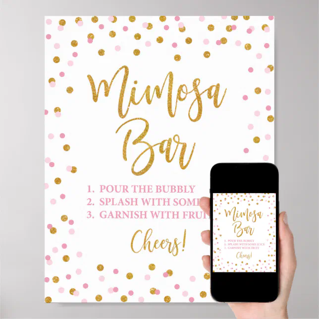 Mimosa Bar Sign Pink & Gold Glitter Confetti | Zazzle