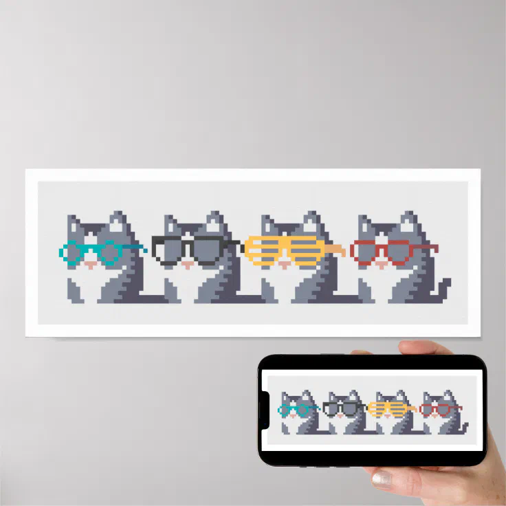 Mini Cats With Glasses Row Pixel Art Poster | Zazzle