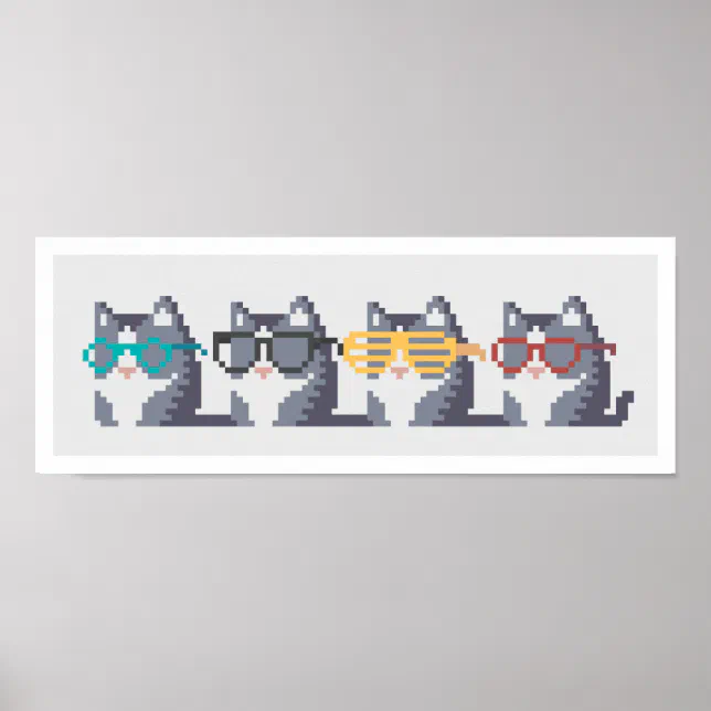 Mini Cats With Glasses Row Pixel Art Poster | Zazzle