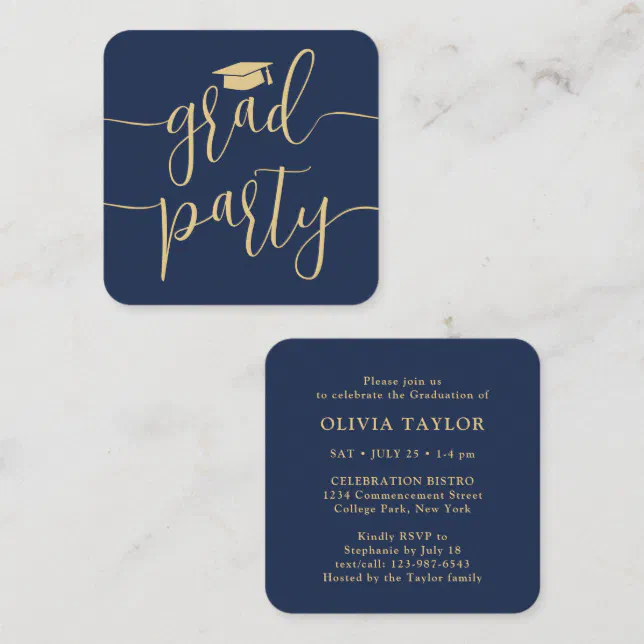 Mini Graduation Party Invitation Navy & Gold Card | Zazzle