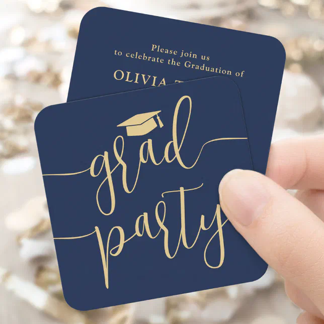Mini Graduation Party Invitation Navy & Gold Card | Zazzle