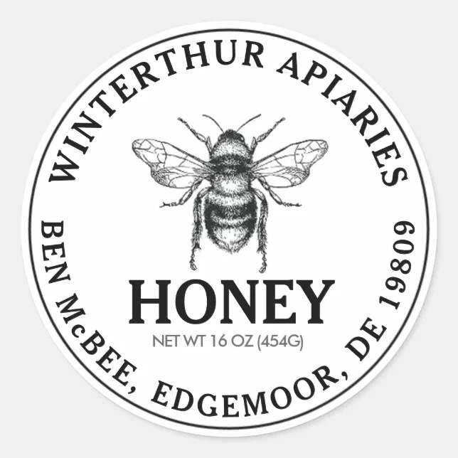 Mini Honey Mason Jar Lid Label with Bee on White | Zazzle
